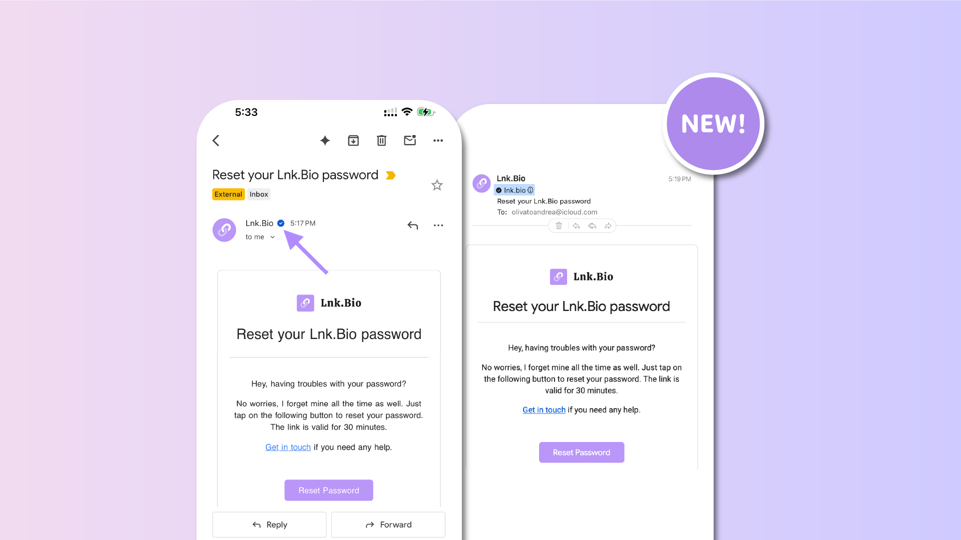 Official emails from Lnk.Bio are now verified with blue tick